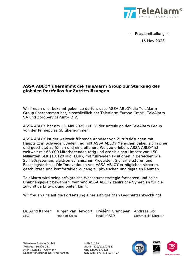 TeleAlarm wird Teil der ASSA ABLOY Gruppe | News